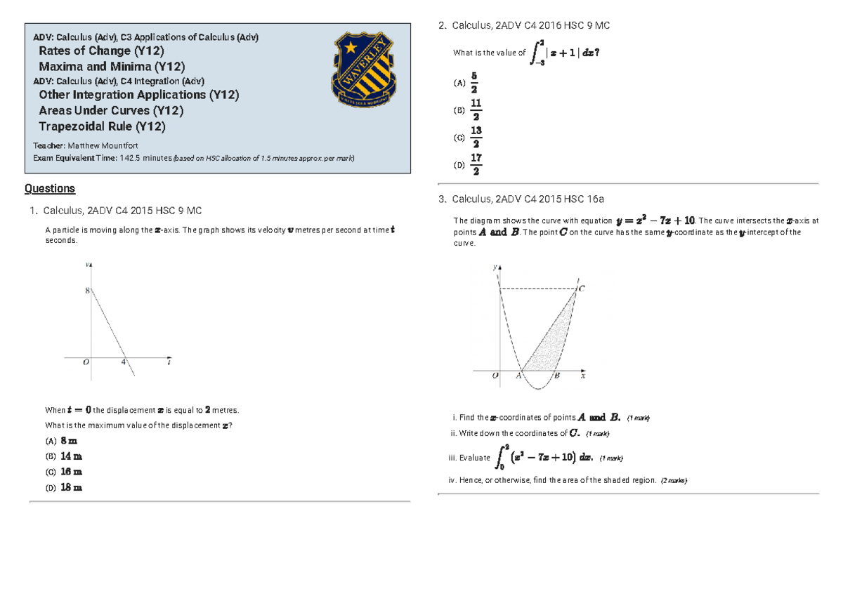 Band 6 Calculus - 1. Calculus, 2ADV C4 2015 HSC 9 MC ADV: Calculus (Adv ...