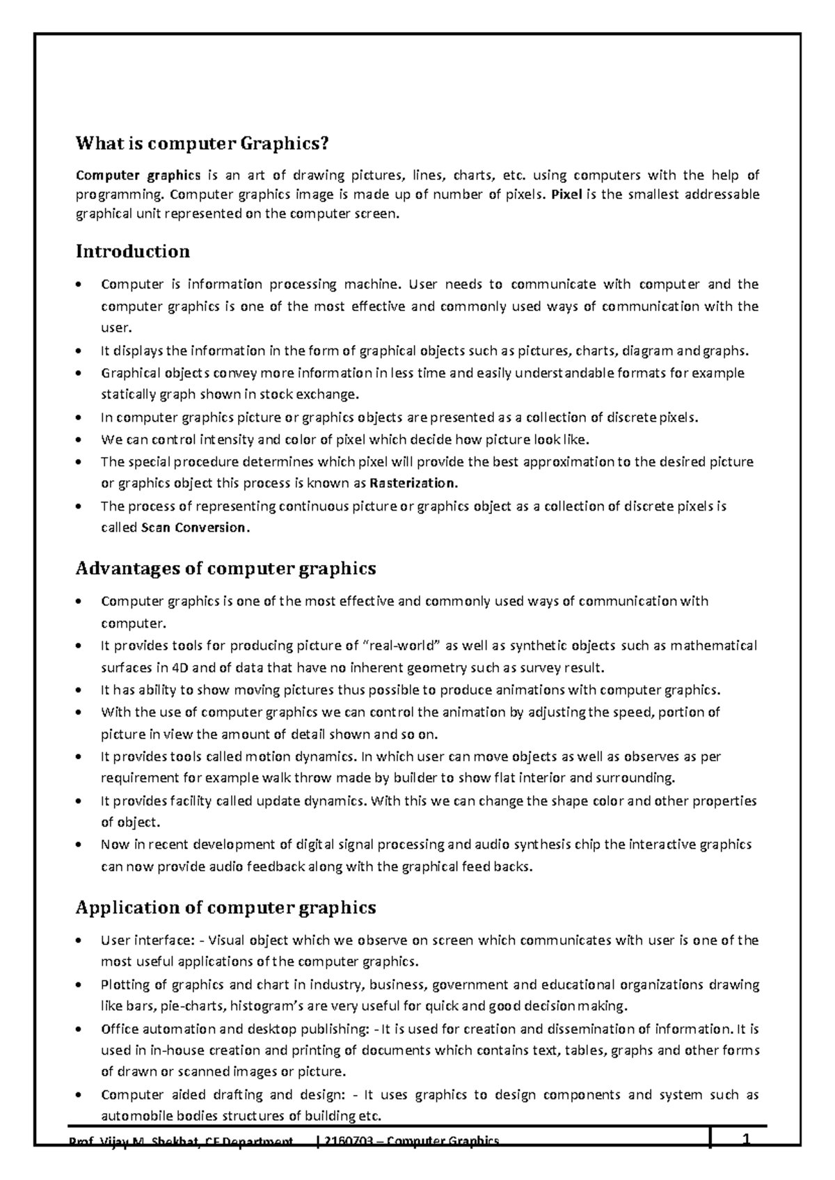 Cg Unit 1 Lectures Notes In Detail What Is Computer Graphics Computer Graphics Is An Art Of