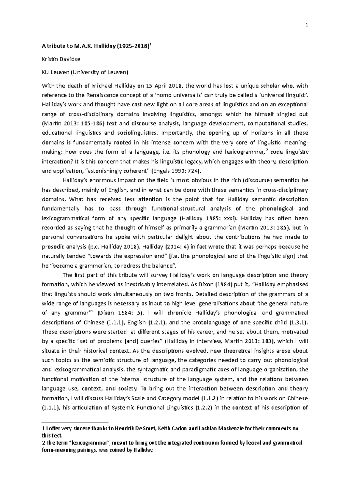 A tribute to M.A.K. Halliday - A tribute to M.A. Halliday (1925-2018) 1 ...