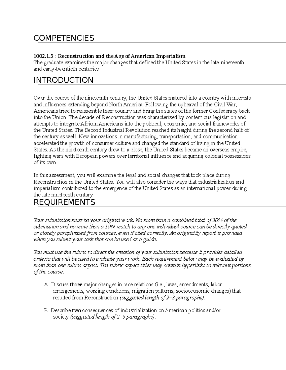 Reconstruction and the Age of American Imperialism - COMPETENCIES 1002. ...