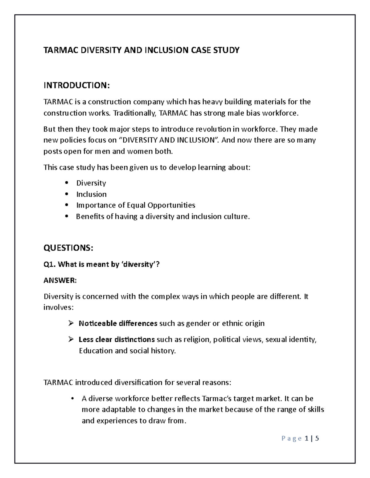 TARMAC case study solutions - TARMAC DIVERSITY AND INCLUSION CASE STUDY ...