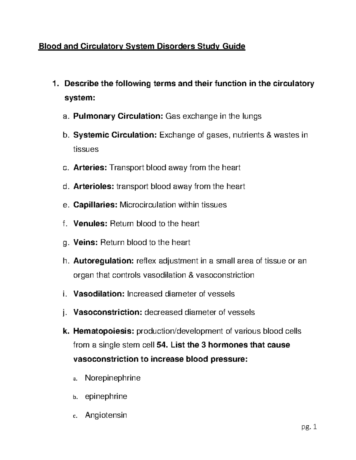 Blood and Circulatory System Disorders Study Guide - Pulmonary ...