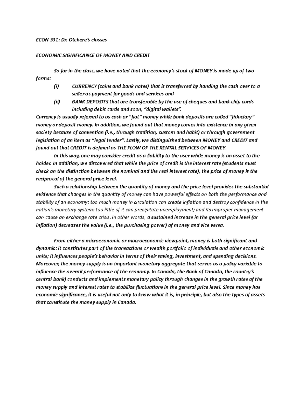 3 - Money 331 - ECON 331: Dr. classes ECONOMIC SIGNIFICANCE OF MONEY ...