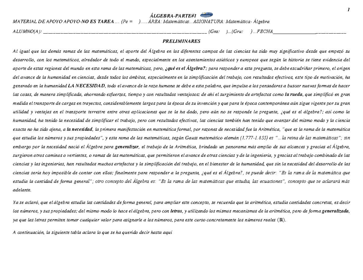 Material DE Apoyo-NO ES Tarea- Ágebra Y Preliminares - Warning: TT: undefined function: 32 - Studocu