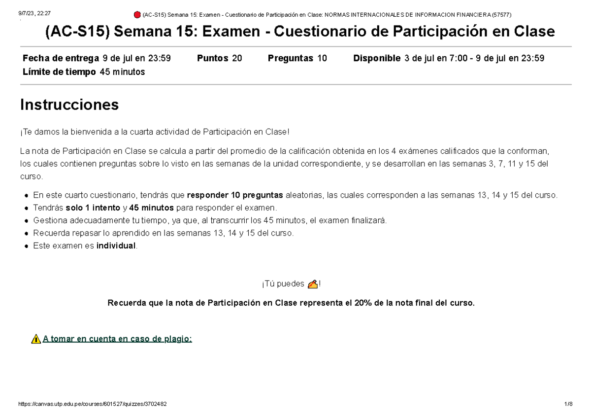 🔴 (AC-S15) Semana 15 Examen - Cuestionario de Participación en Clase ...
