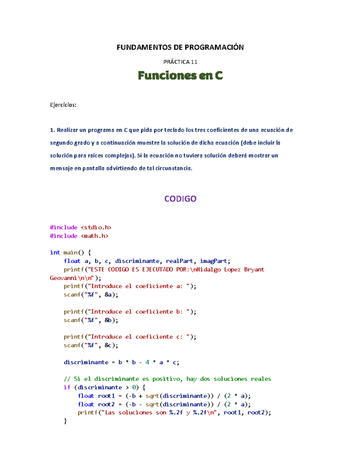 FP P#11 - practica de lab - FUNDAMENTOS DE PROGRAMACIÓN PRÁCTICA 11 Funciones en C Ejercicios ...