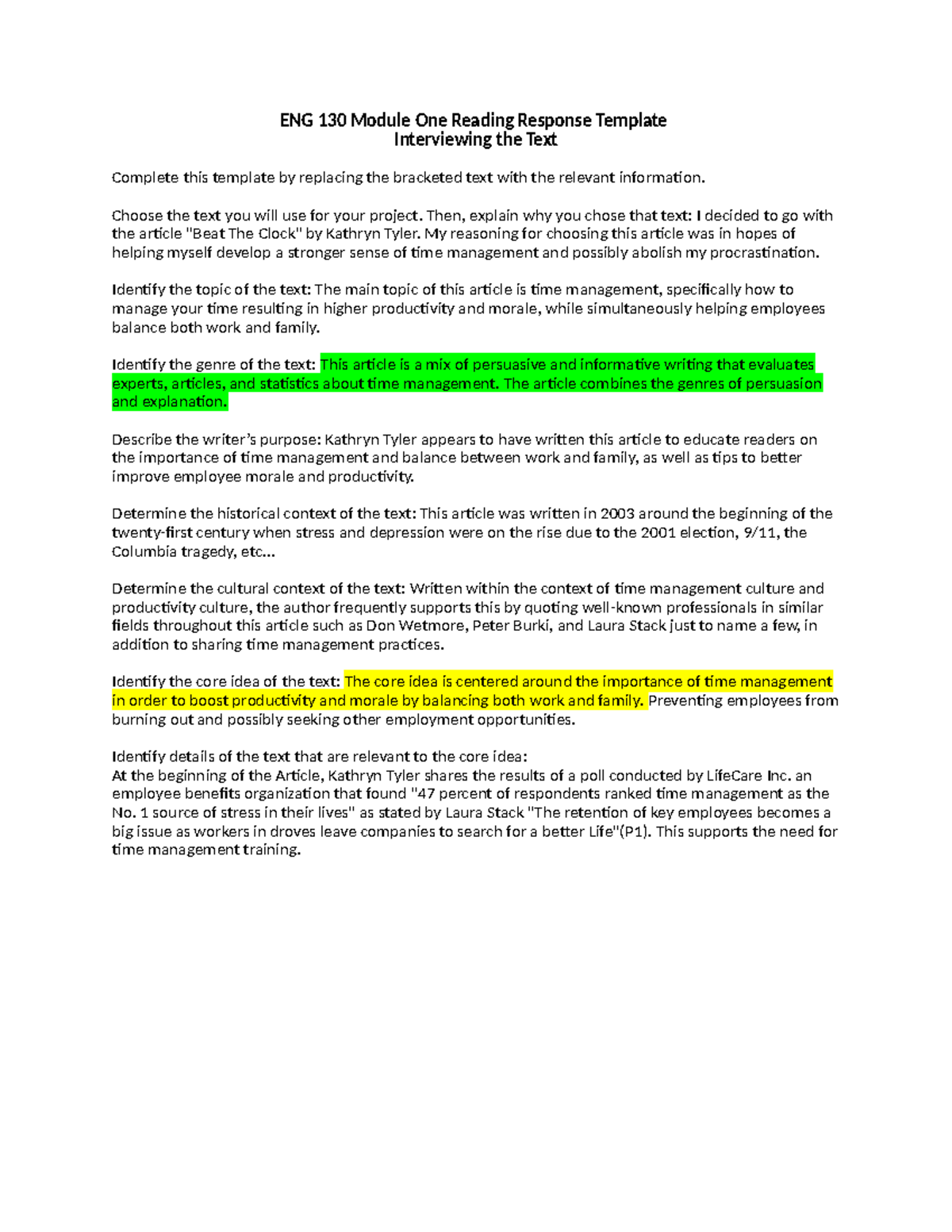 ENG 130 Module One Reading Response - Choose the text you will use for your project. Then ...