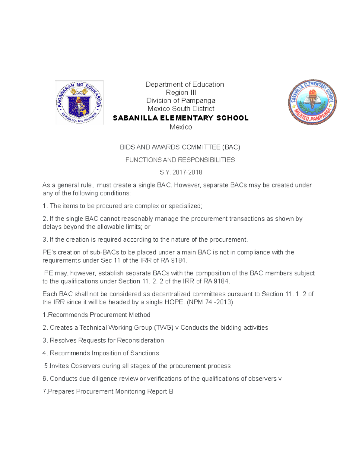 BAC Committee Roles 2017-2018 - Department of Education Region III ...