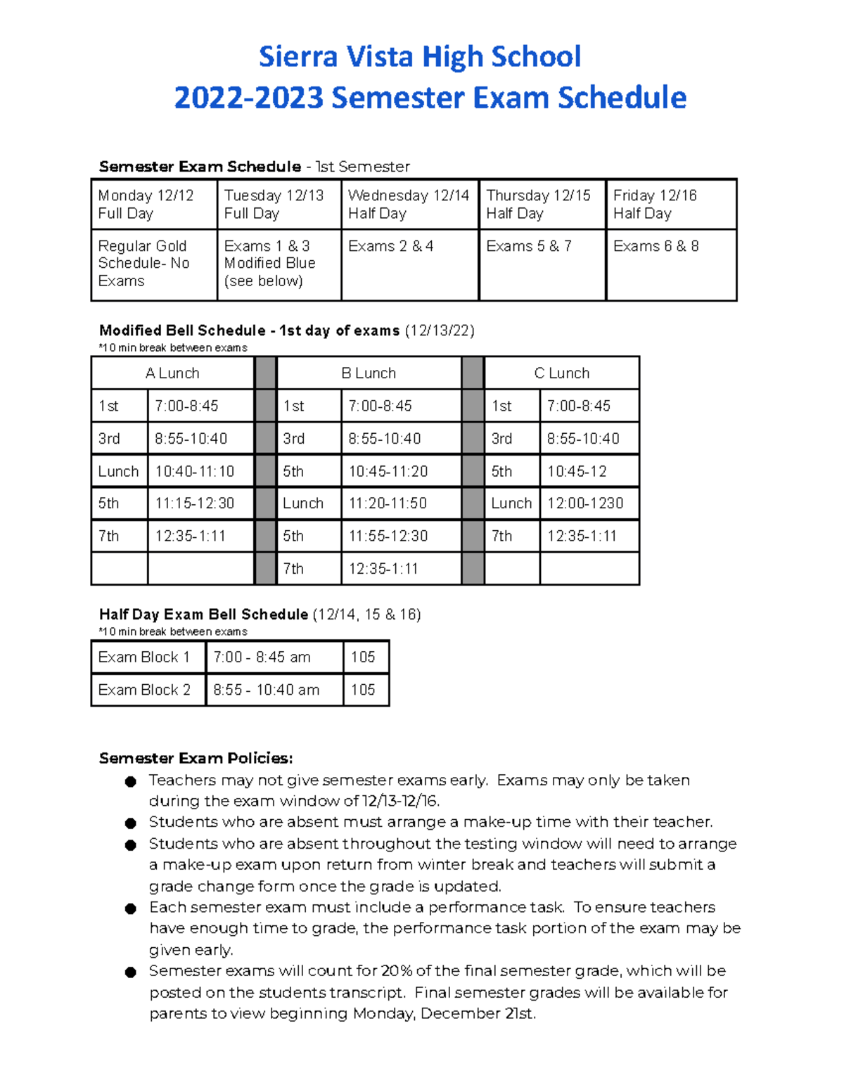 Semester Exam Schedule Sierra Vista High School 22-23 2 - Sierra Vista ...