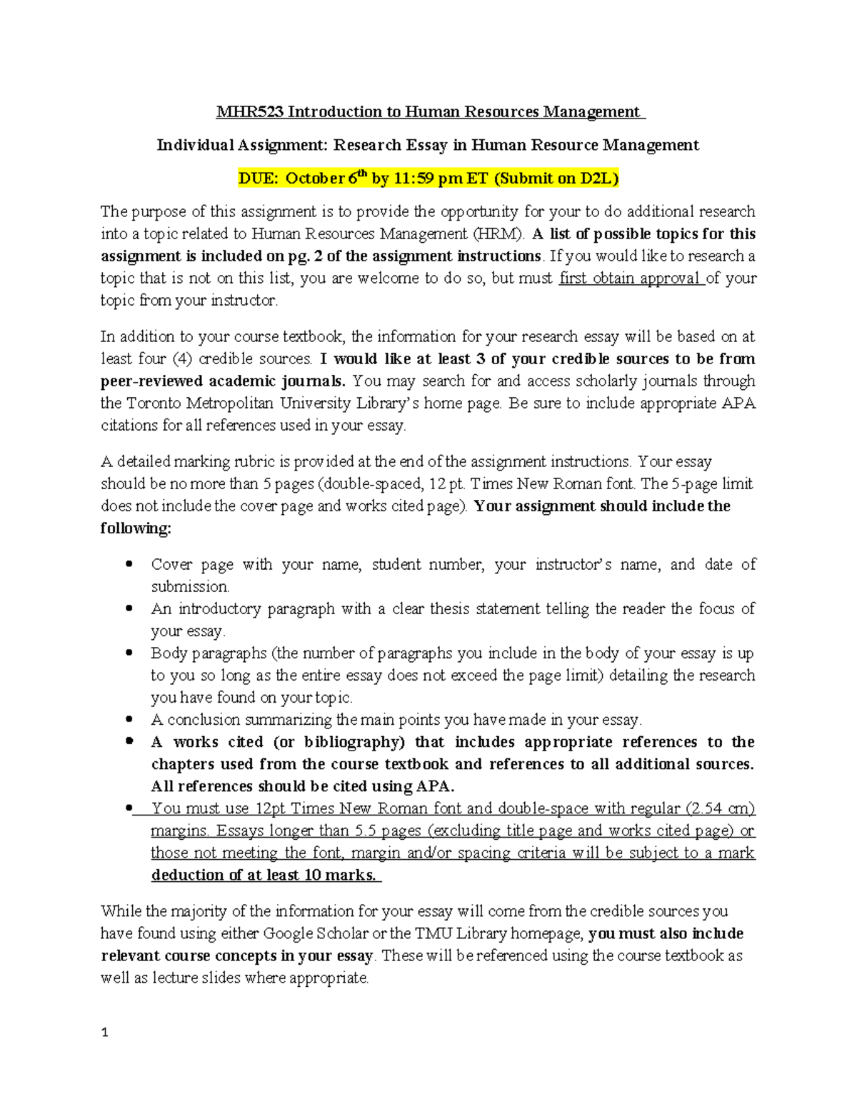 Hr essay assignment rubric - MHR523 Introduction to Human Resources ...