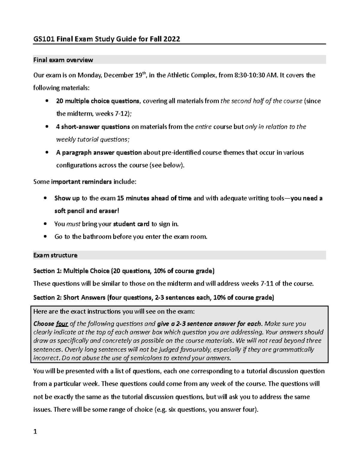 GS101 Final exam Study Guide-F2022 - GS101 Final Exam Study Guide for ...