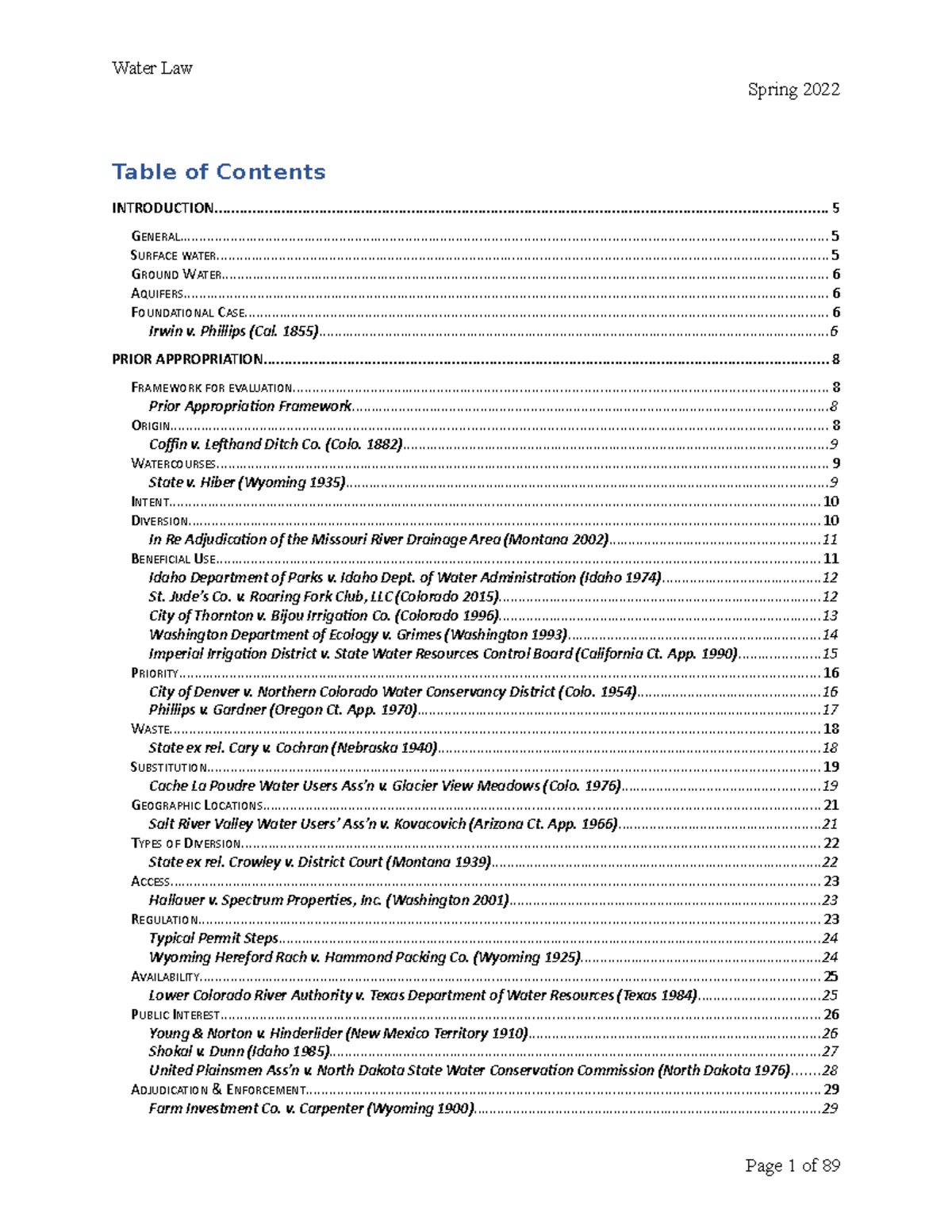 Water Law Outline Spring 2021 - Table of Contents - Spring - Studocu