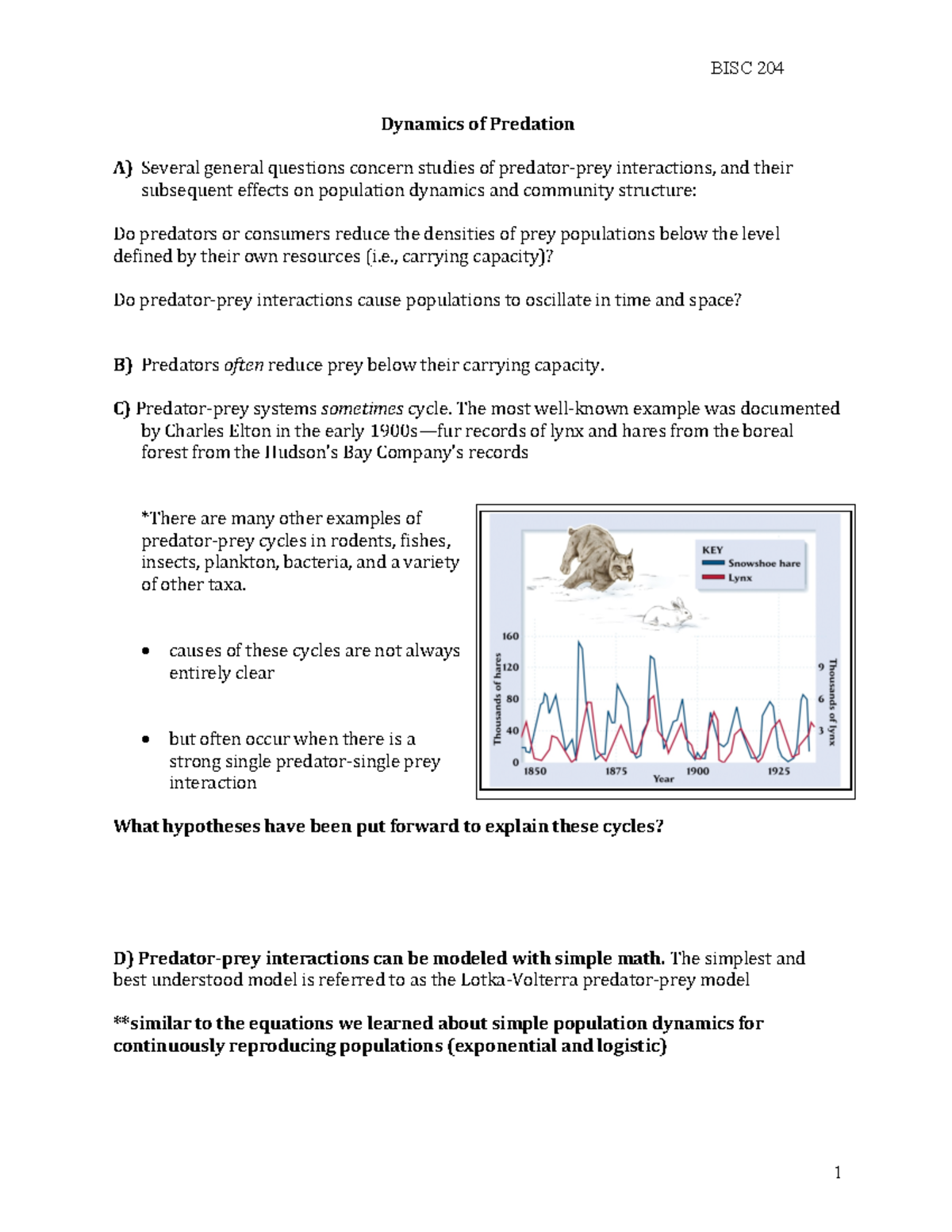 Lecture 10 Predator-prey dynamics (s) - BISC 204 1 **Dynamics of ...