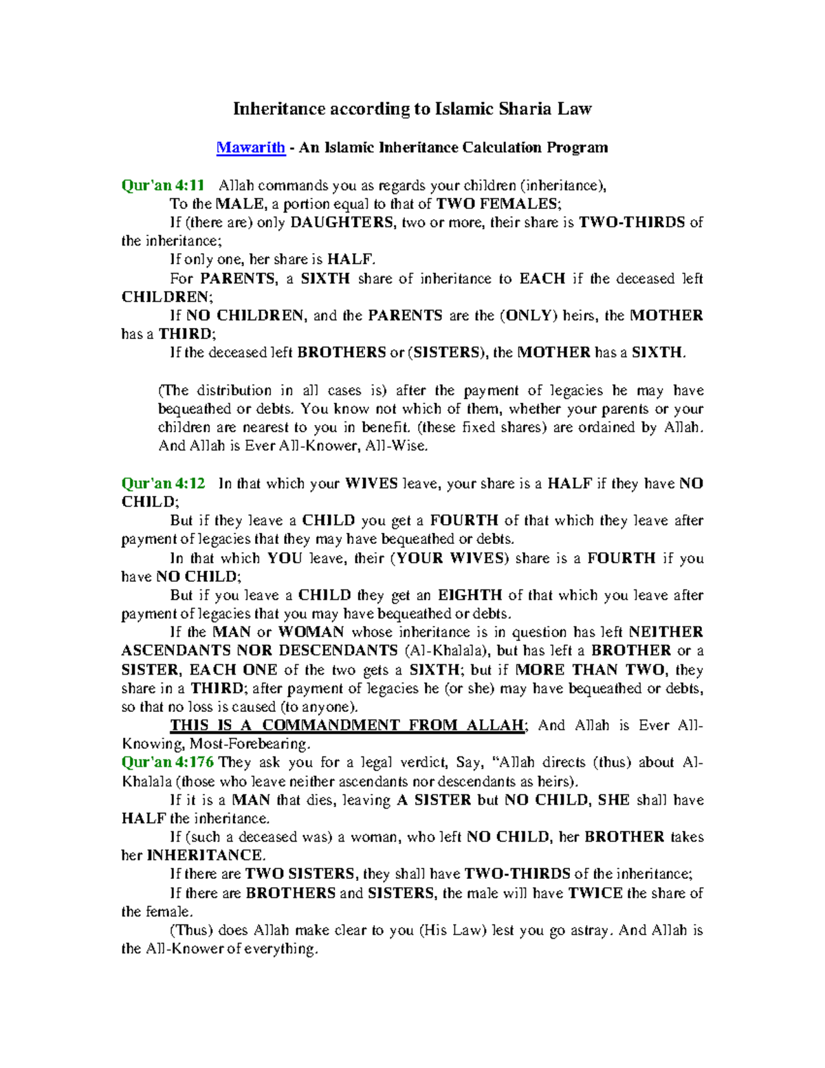 Inheritance according to Islamic Sharia Law - For PARENTS, a SIXTH ...
