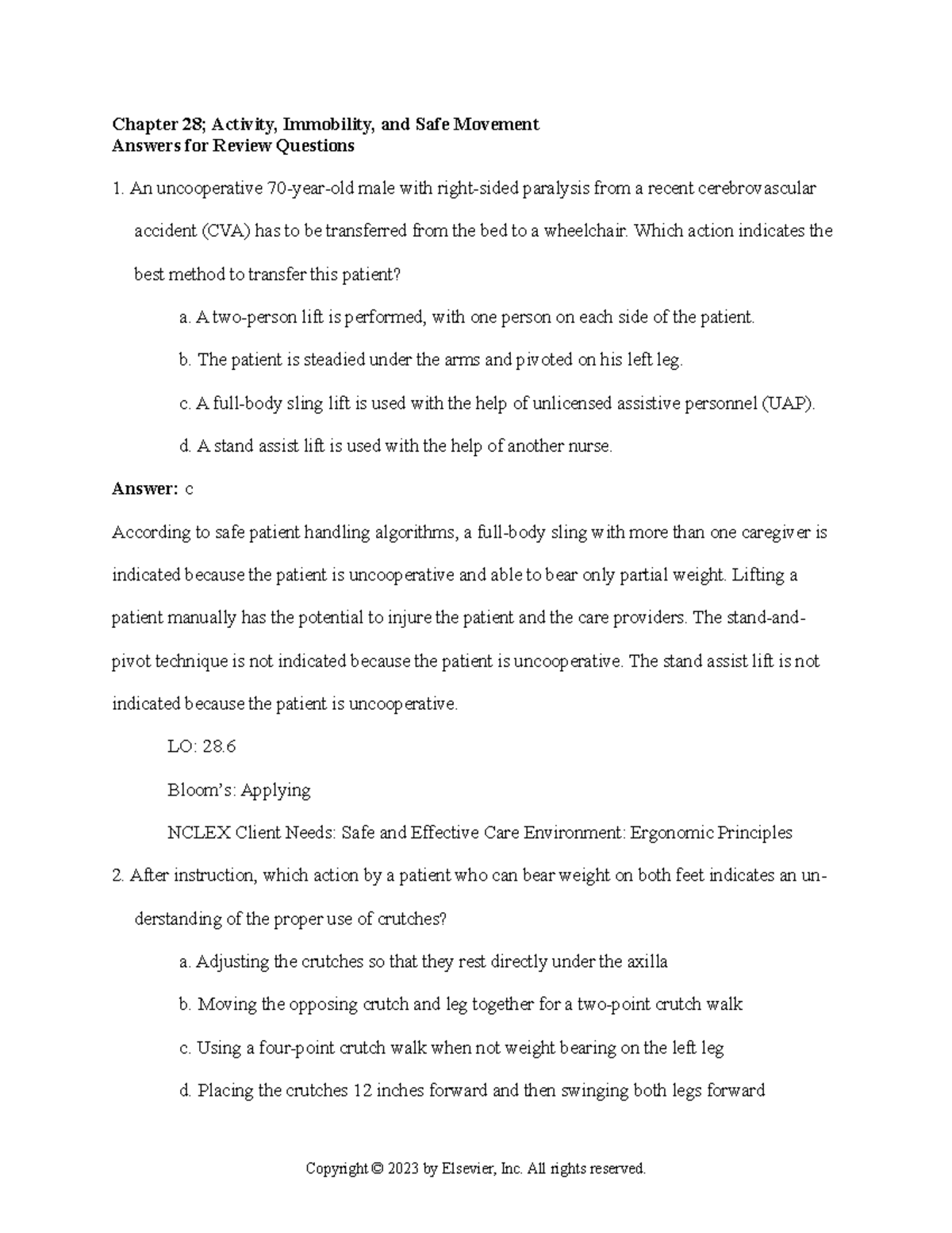 Mobility Practice Questions - Chapter 28; Activity, Immobility, and ...
