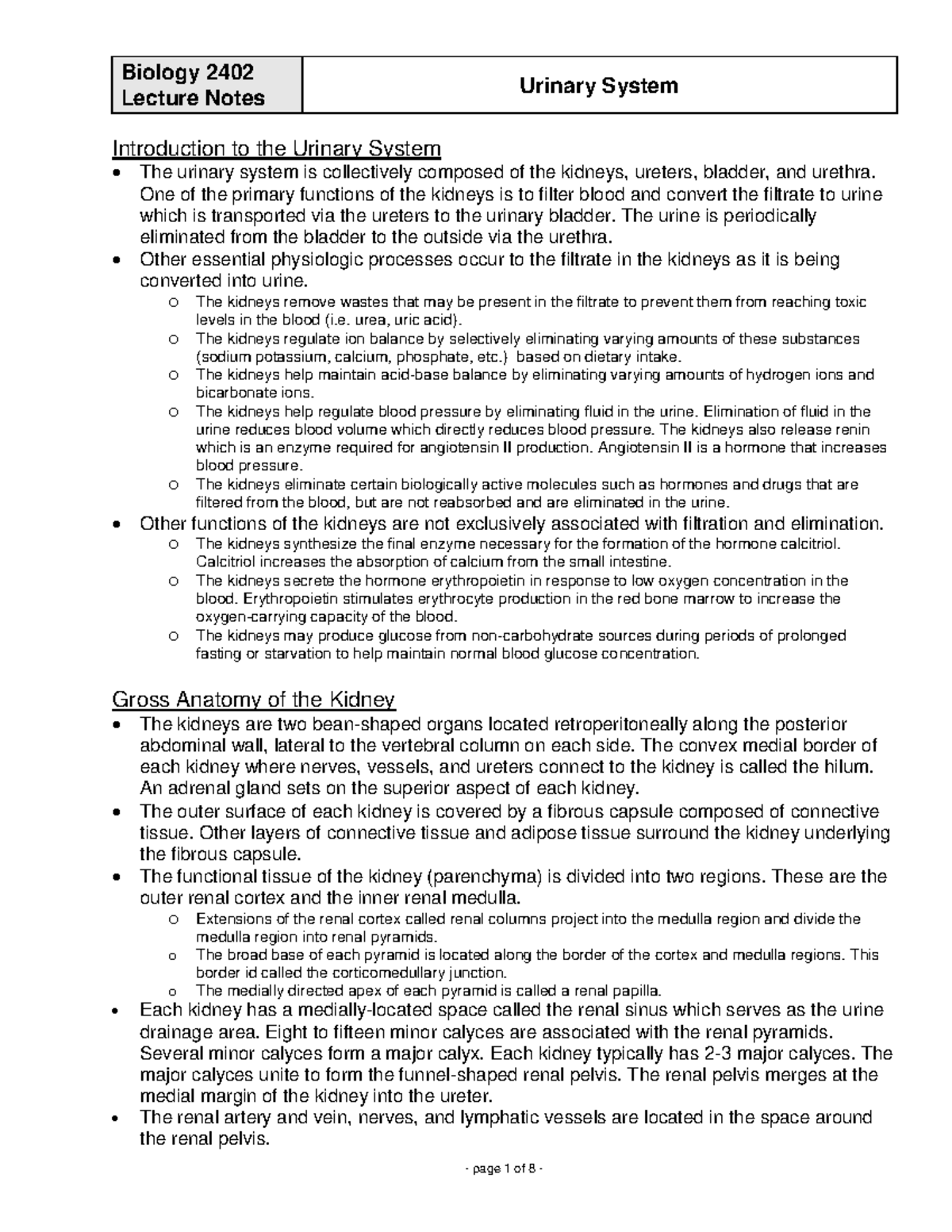 Biology 2402 - Ch. 24 - Urinary System - Lecture Notes Urinary System ...