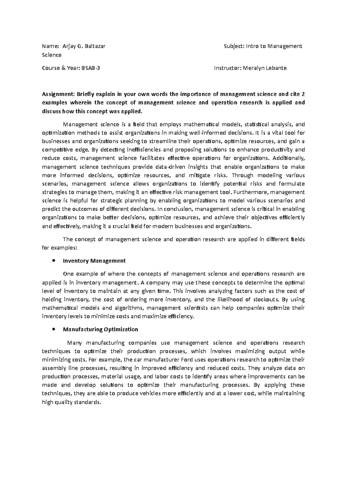 Assignment Mgmt Science - Name: Arjay G. Baltazar Subject: Intro to ...