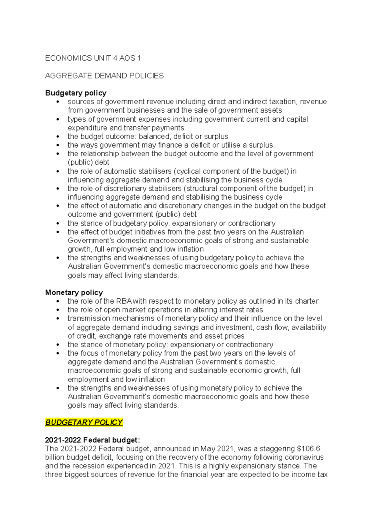 Mega doc u4aos1 - economics unit 4 aos 1 - ECONOMICS UNIT 4 AOS 1 ...