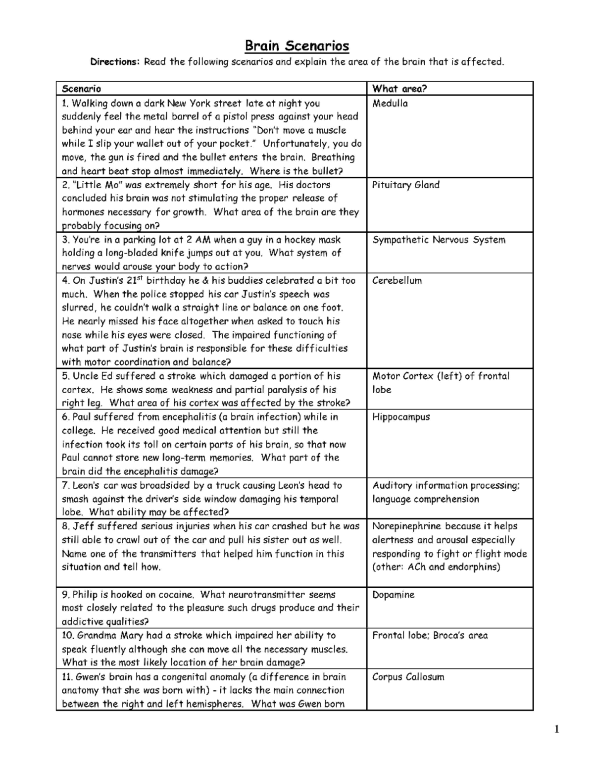 brain mnenomics chart notes - Brain Scenarios Directions: Read the ...