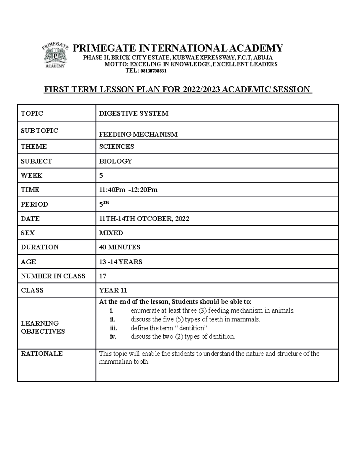 Year11 week 5 bio - yes - PRIMEGATE INTERNATIONAL ACADEMY PHASE II ...