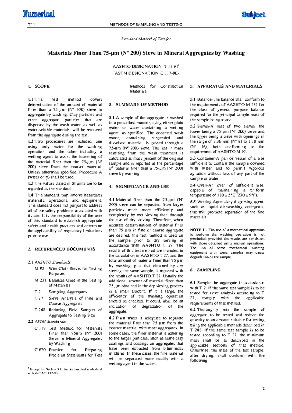 T11 - ESPECIFICACIONES AASHTO - T 11 METHODS OF SAMPLING AND TESTING 2 ...
