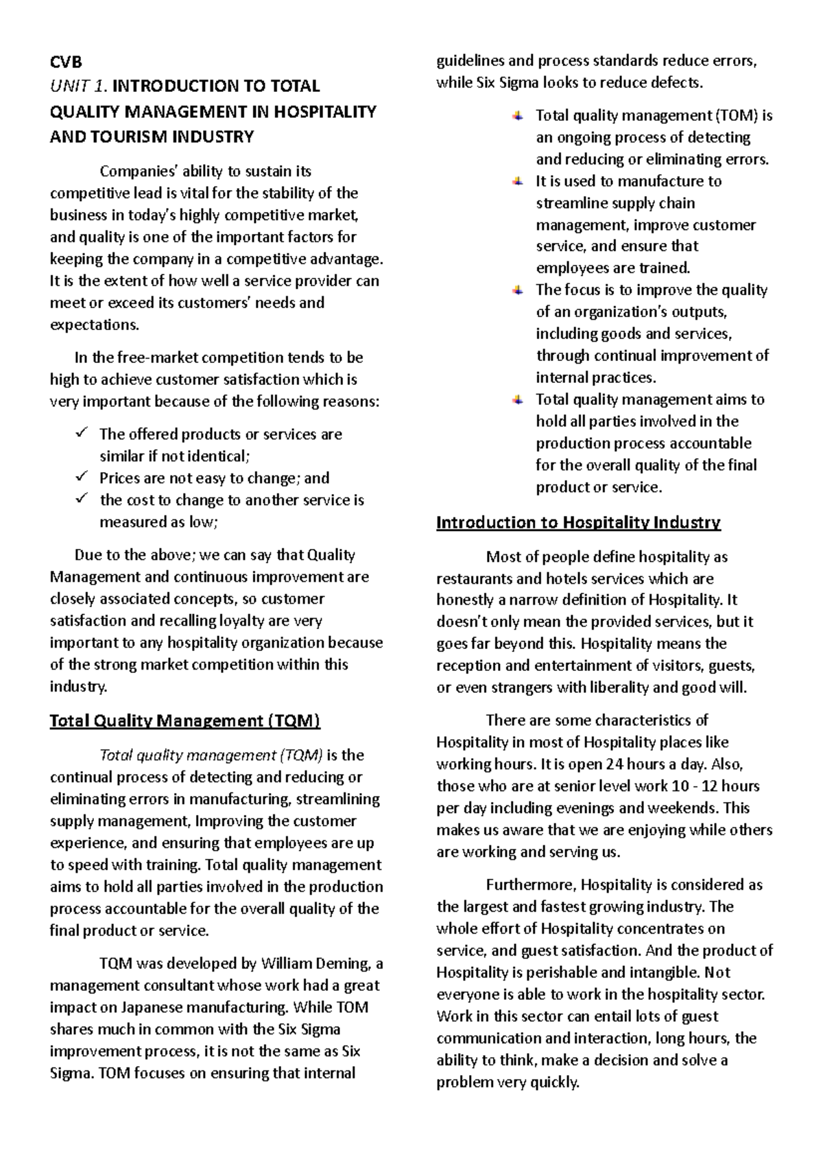 Quality Service - CVB UNIT 1. INTRODUCTION TO TOTAL QUALITY MANAGEMENT ...