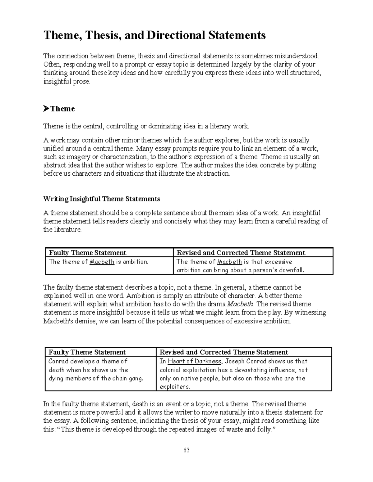 Theme and Thesis Statements - 63 The connection between theme, thesis ...