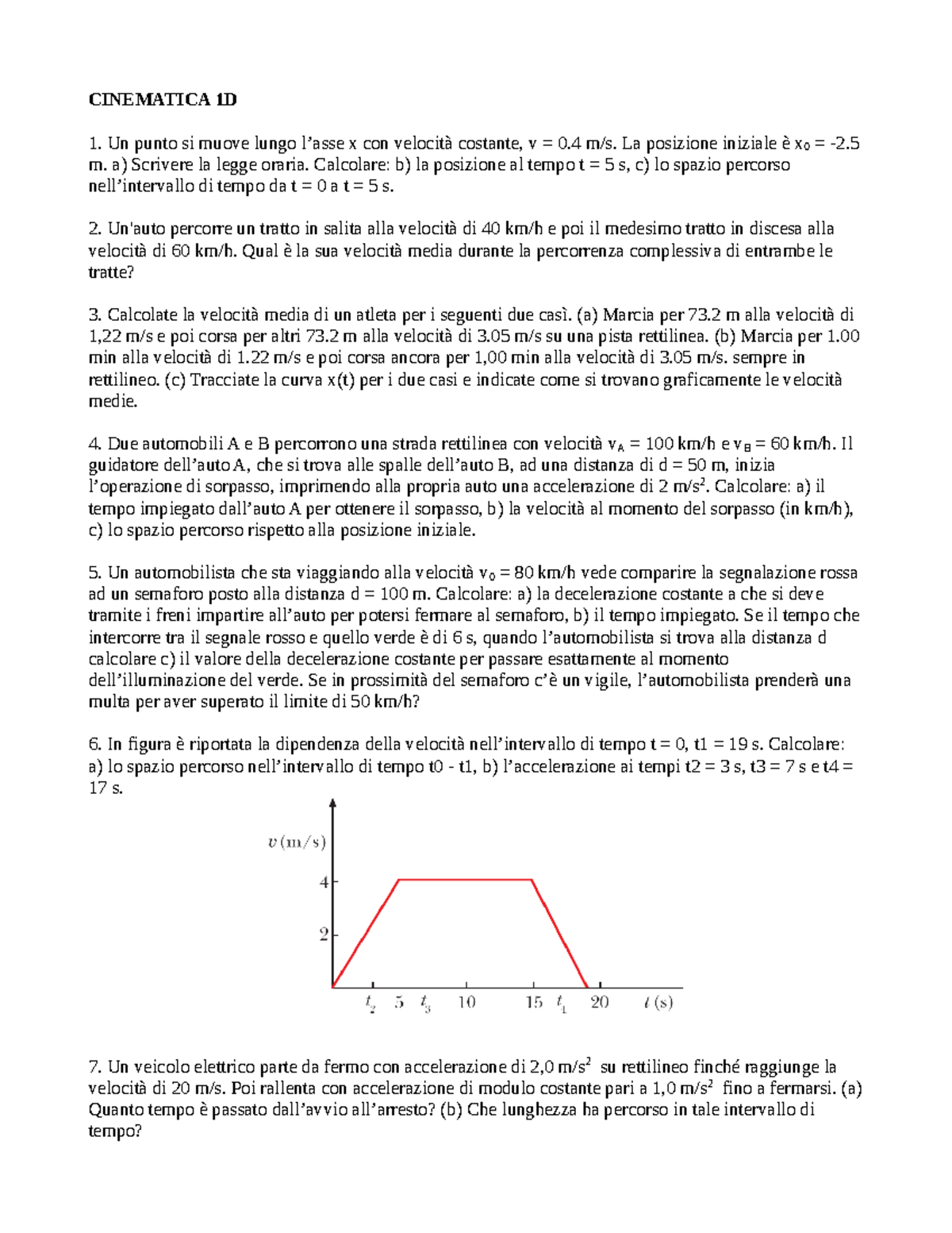 2a-cinematica-1D - esercizi in preparazione all'esame. - CINEMATICA 1D Un punto si muove lungo ...