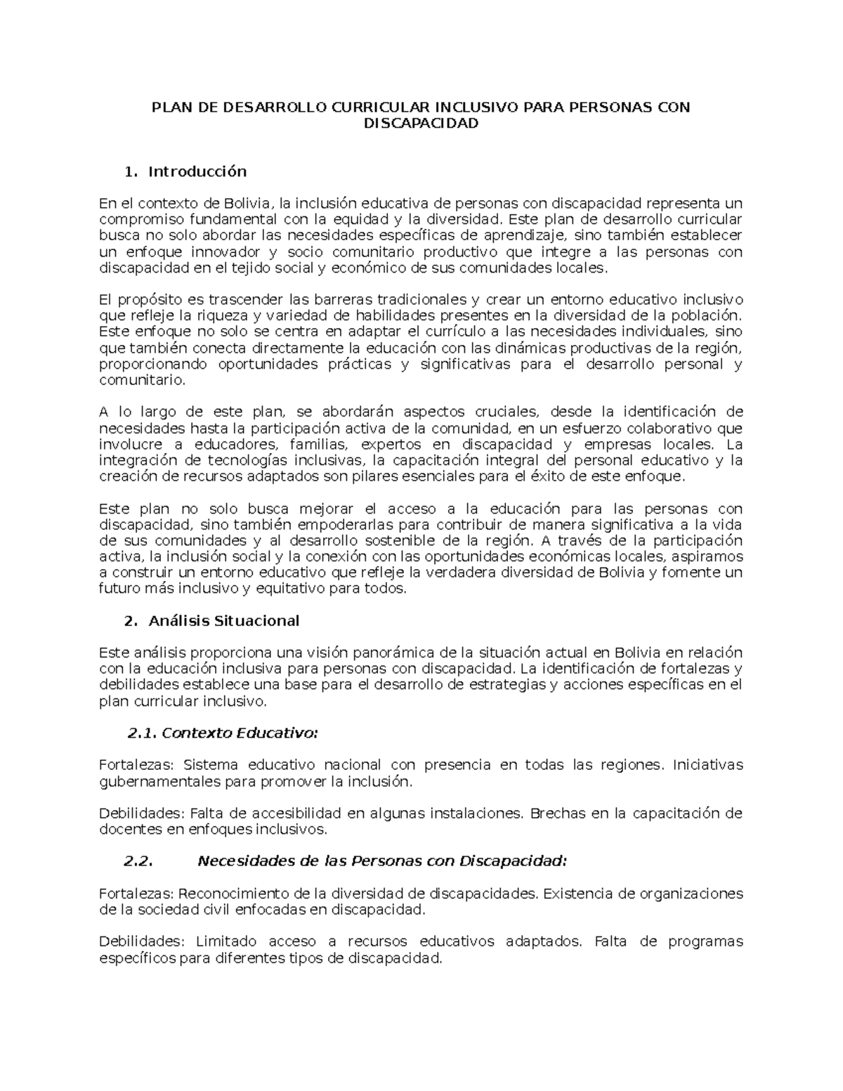 PLAN DE Desarrollo Curricular Inclusivo PARA Personas CON Discapacidad ...