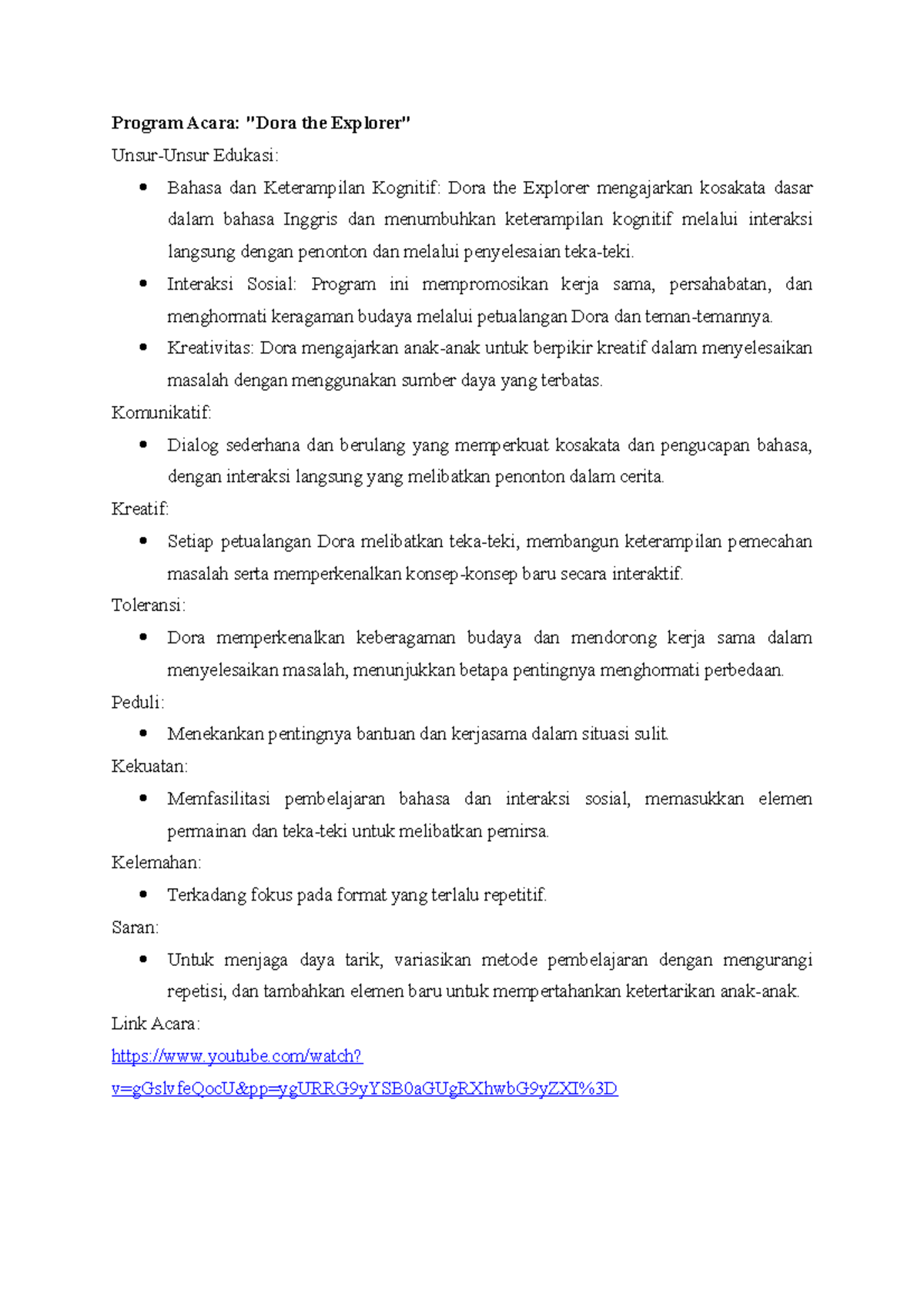 Program Acara - DFDV - Program Acara: "Dora the Explorer" Unsur-Unsur ...