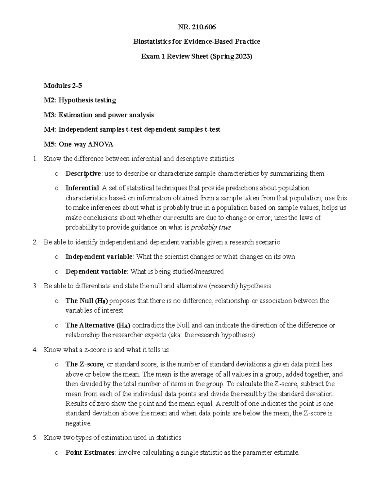 Exam 1 Review Sheet Spring 2023 - NR. 210. Biostatistics for Evidence-Based Practice Exam 1 ...