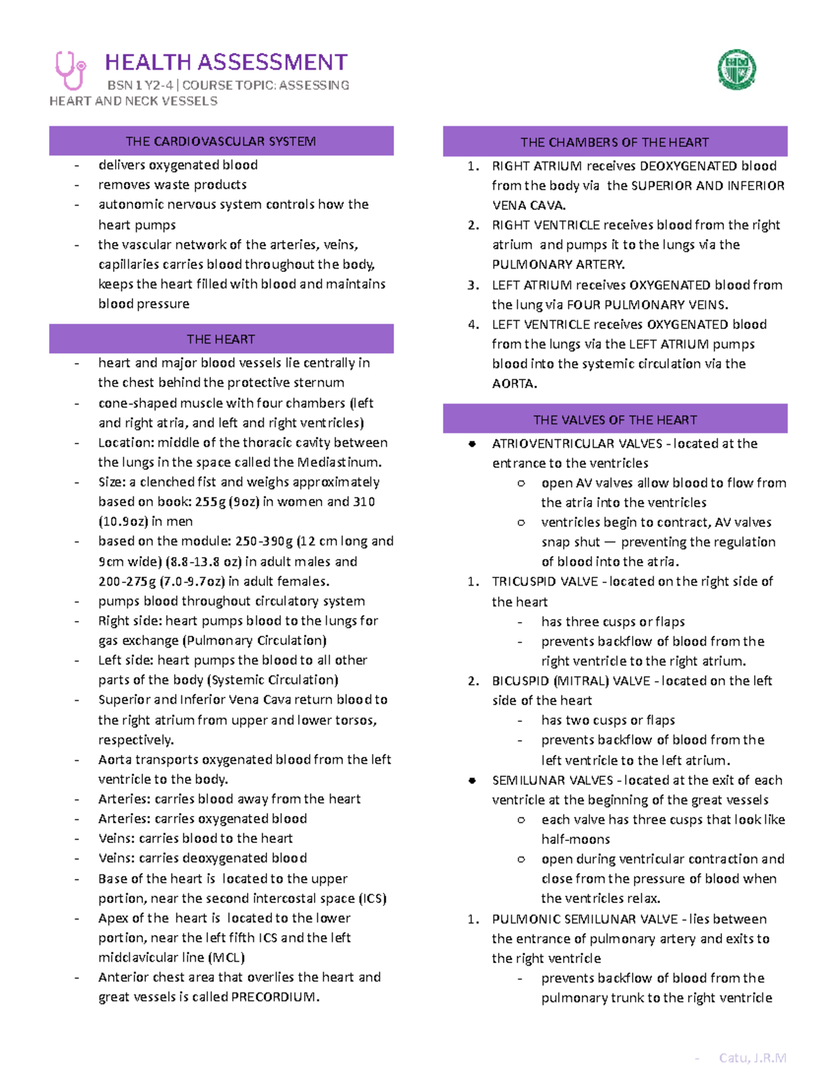 Assessing Heart AND NECK Vessels - HEALTH ASSESSMENT BSN 1 Y2-4 ...