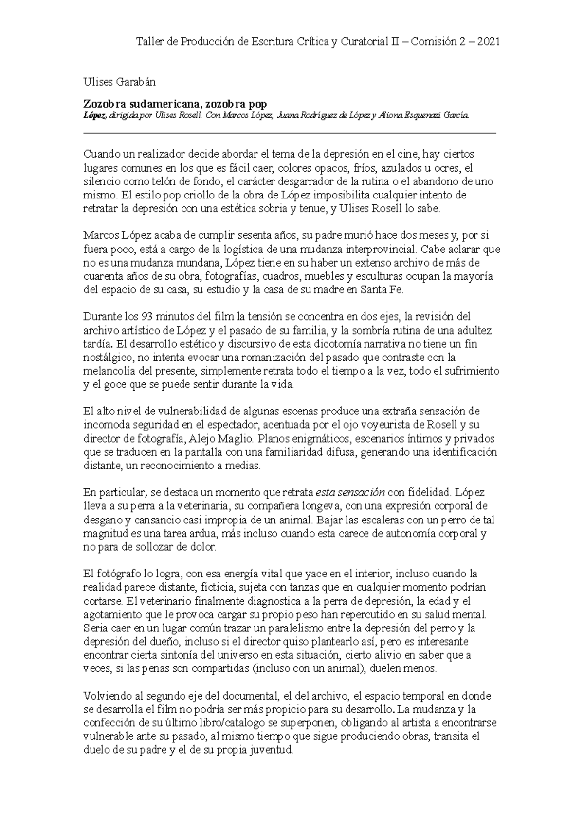 TP2 - Critica periodistica - Taller de Producción de Escritura Crítica ...