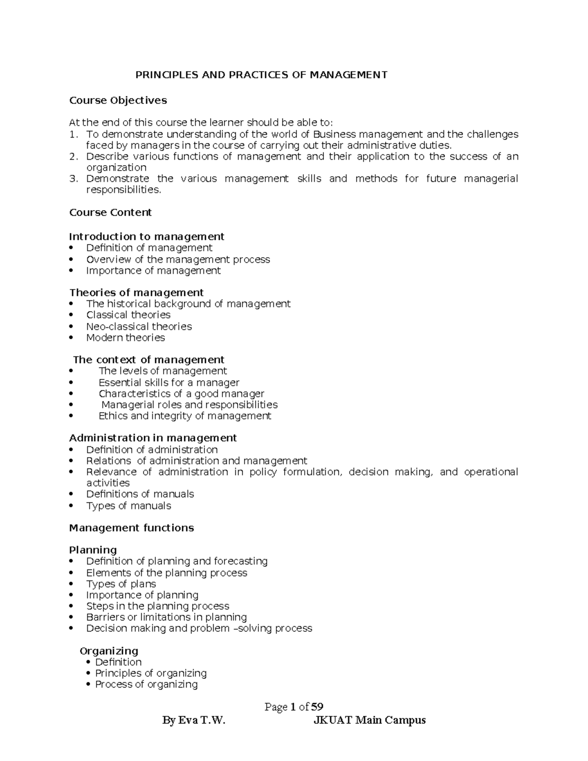 Ppm100 notes - PRINCIPLES AND PRACTICES OF MANAGEMENT Course Objectives ...