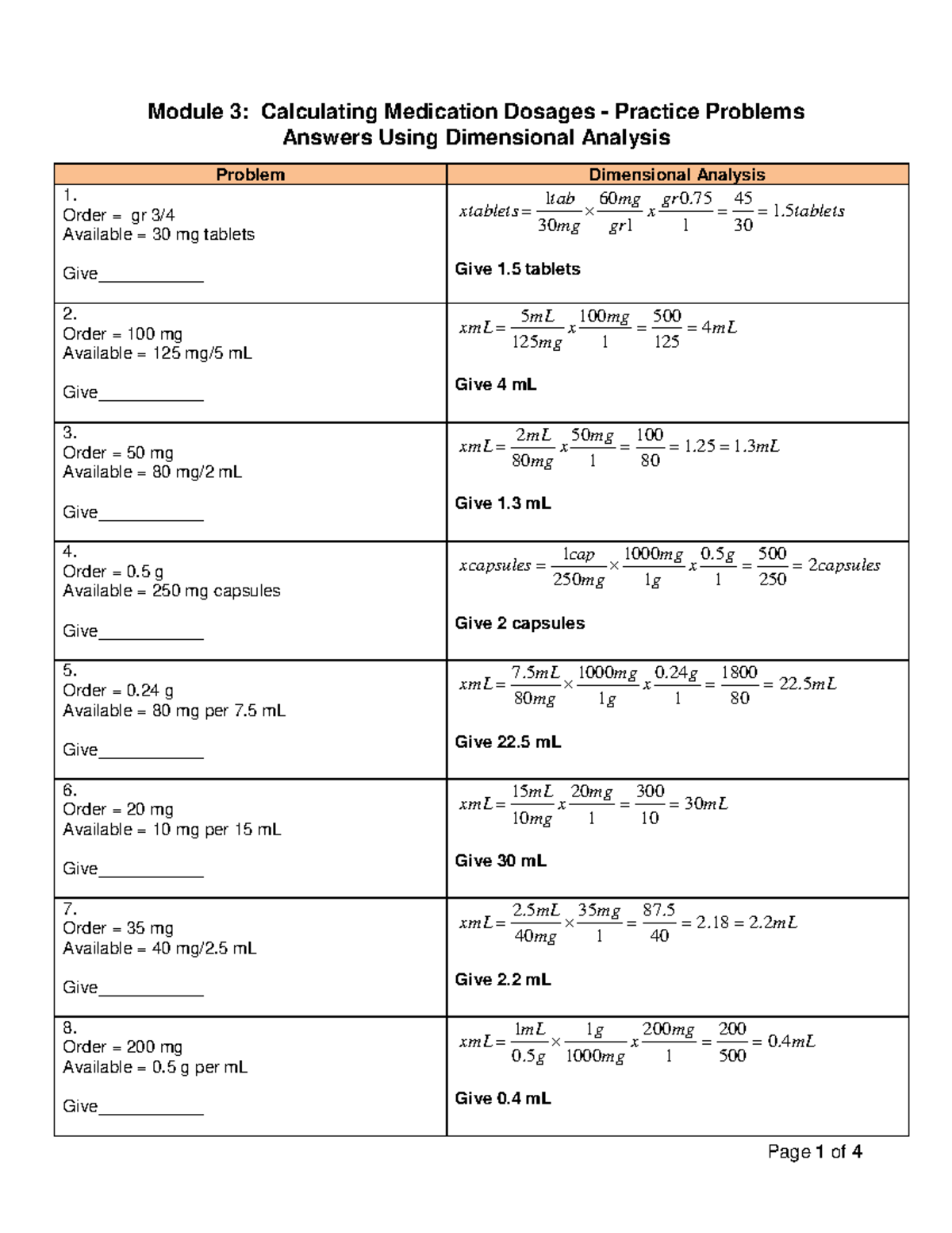 Module 3 - Calculating Medication Dosages - Practice Problems - Order ...