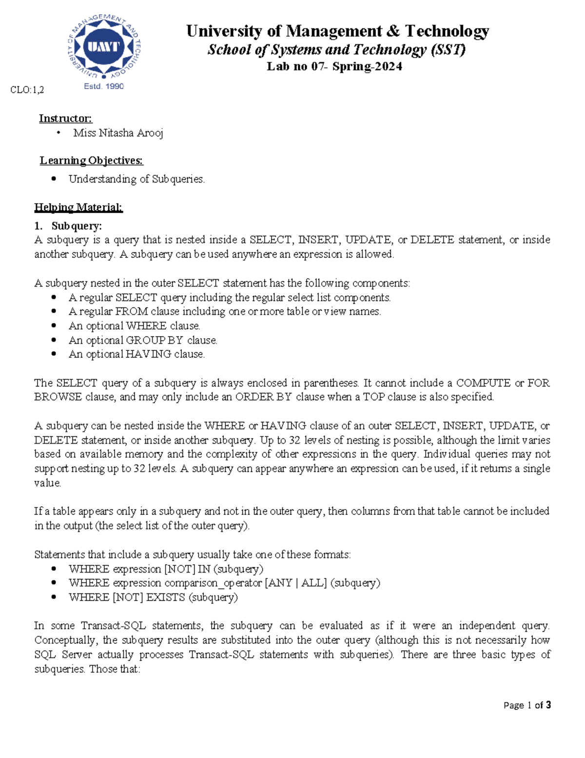 Database Systems Lab Manual Week 08 Practice Material Of Queries Page 1 Of 3 University Of
