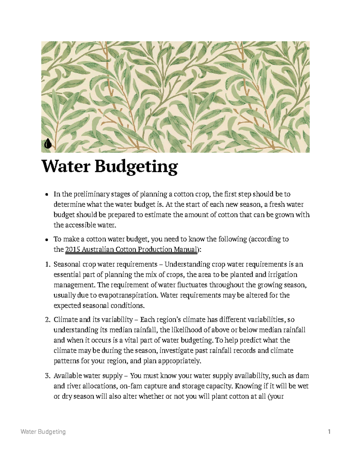 Water Budgeting 2 - Term 3 Notes - Water Budgeting 1 Water Budgeting In ...