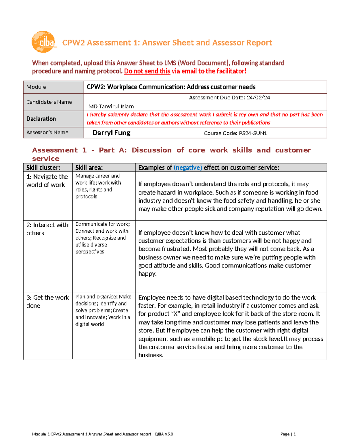 Md Tanvirul Islam M1 CPW2 Assessment 1 Answer Sheet and Assessor Report ...