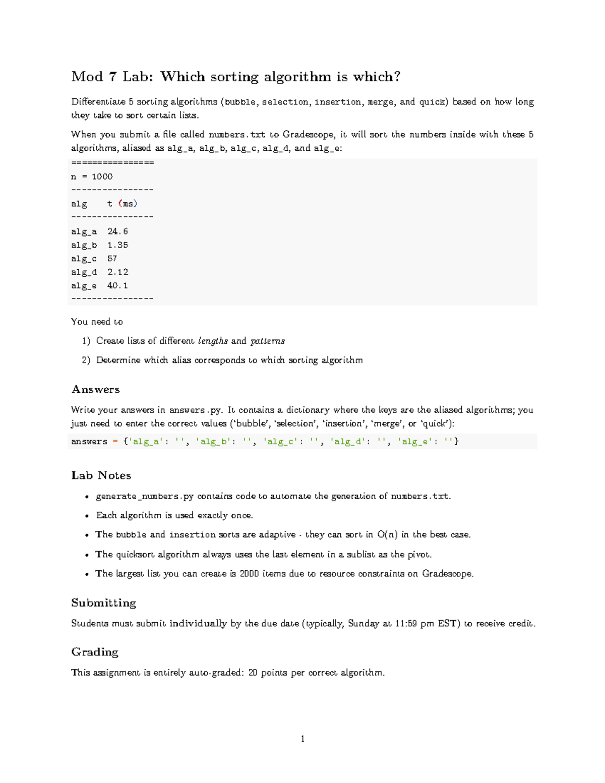 Lab7 - lab - Mod 7 Lab: Which sorting algorithm is which? Differentiate 5 sorting algorithms ...