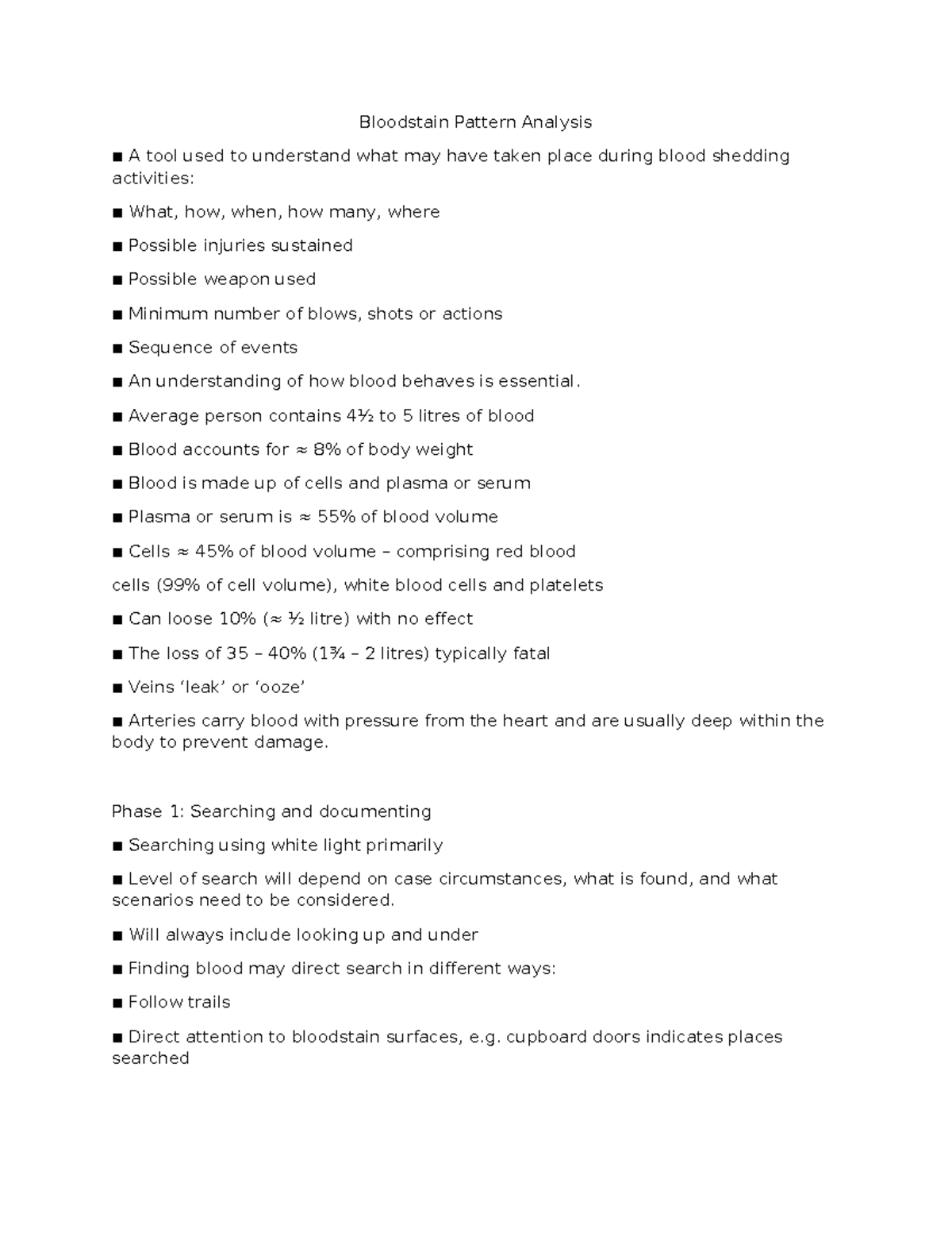 Blood pattern analysis BPA(forensic science notes) - CHEM1025 - GRE ...