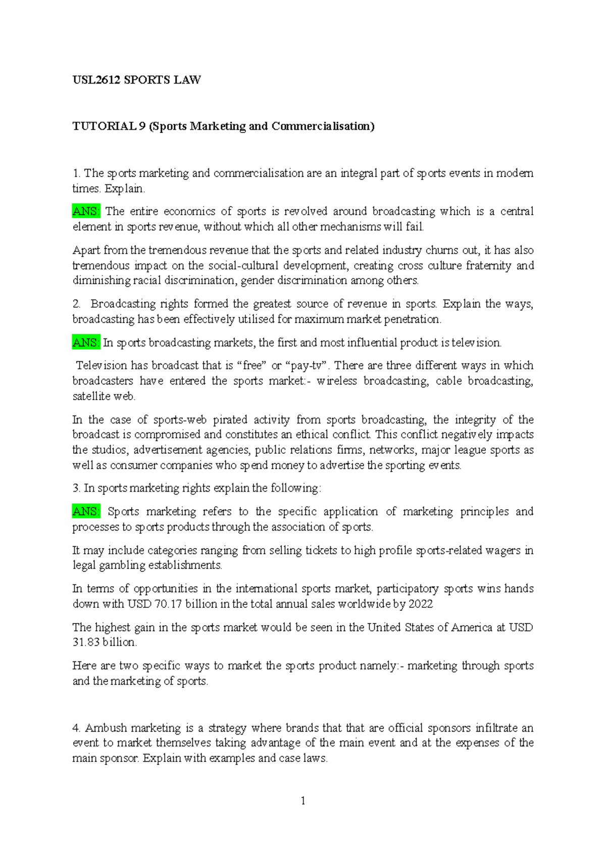 Tutorial 9 (Sports Marketing and Commercialisation) - USL2612 SPORTS ...