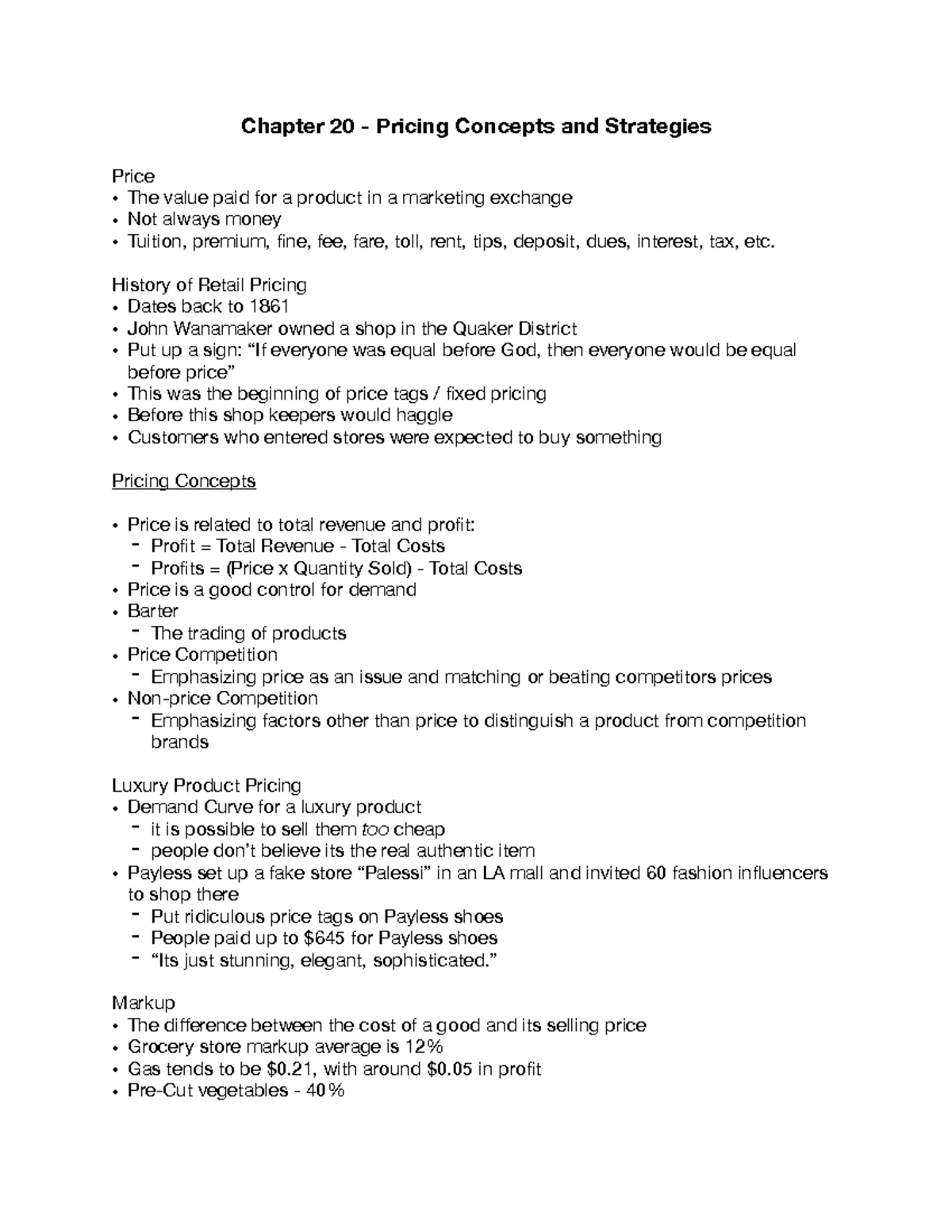 Chapter 20 Notes - Chapter 20 - Pricing Concepts and Strategies Price ...