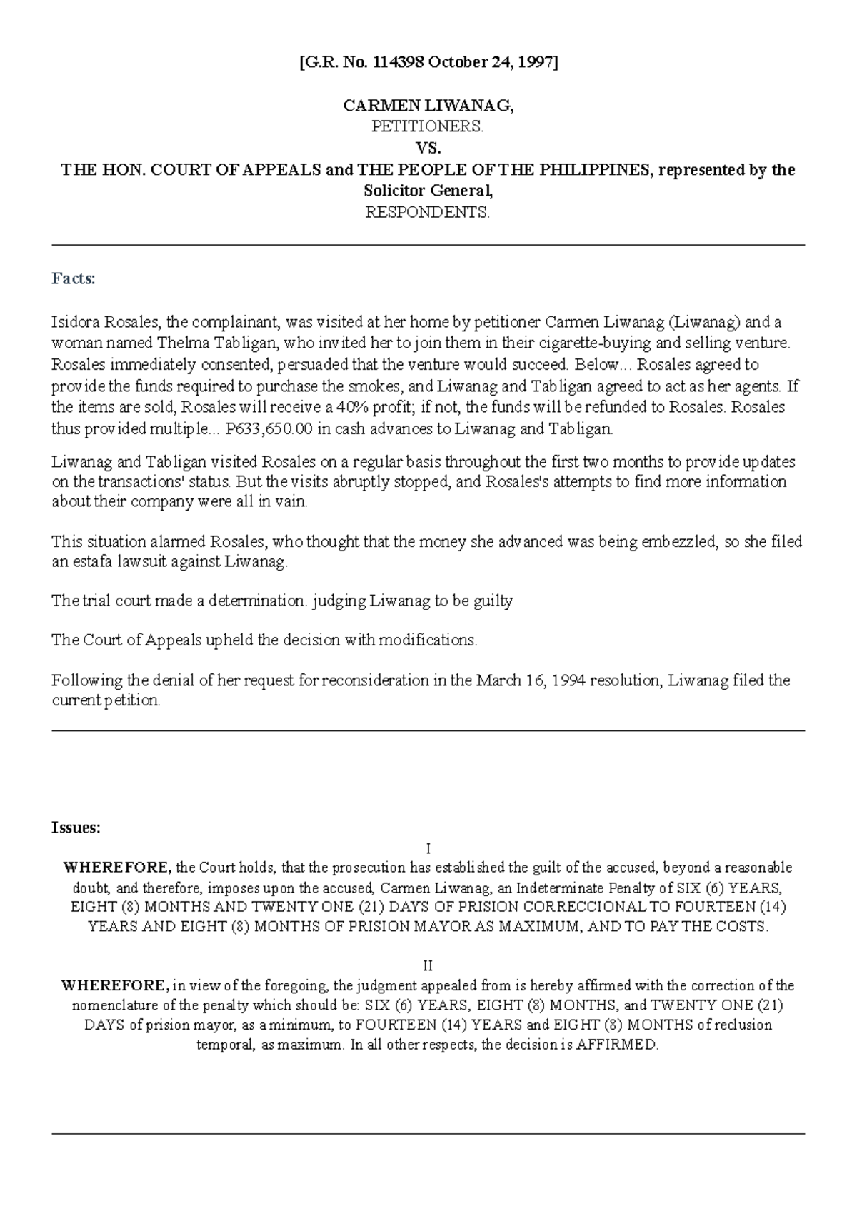 ACT - nmnn - [G. No. 114398 October 24, 1997] CARMEN LIWANAG ...