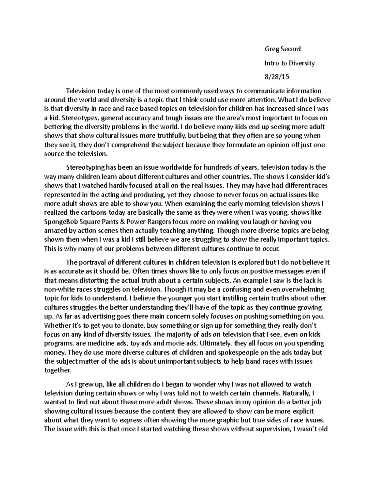 Diversity Research Paper - Greg Secord Intro to Diversity 8/28 ...