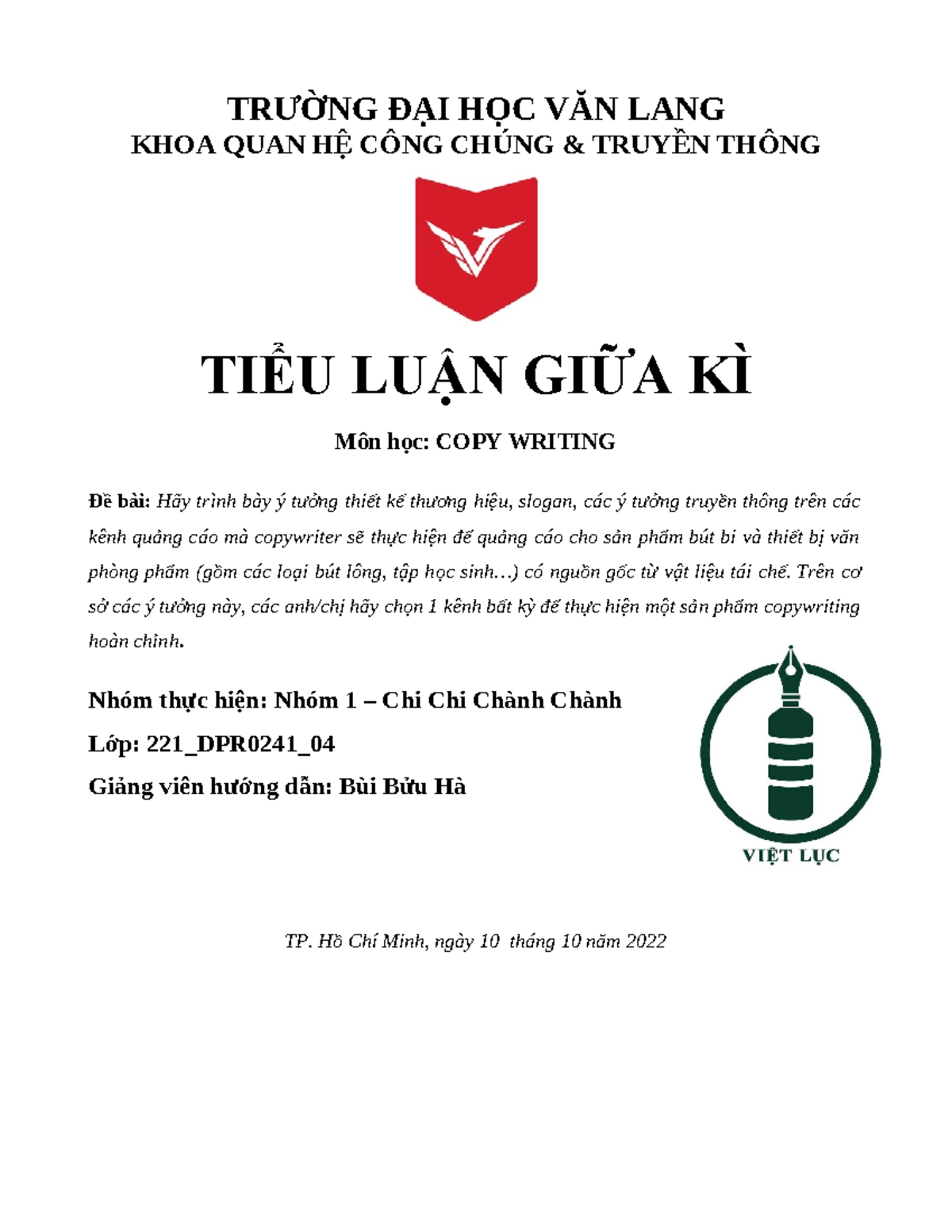 COPY Writing GIỮA KÌ final - TRƯỜNG ĐẠI HỌC VĂN LANG KHOA QUAN HỆ CÔNG ...