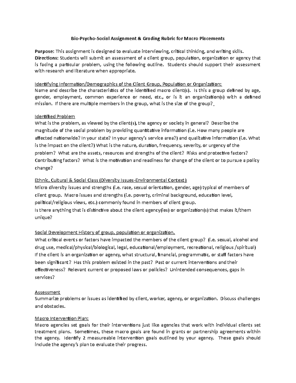 Bio Psycho Social assignment for Macro Placements - Bio-Psycho-Social ...