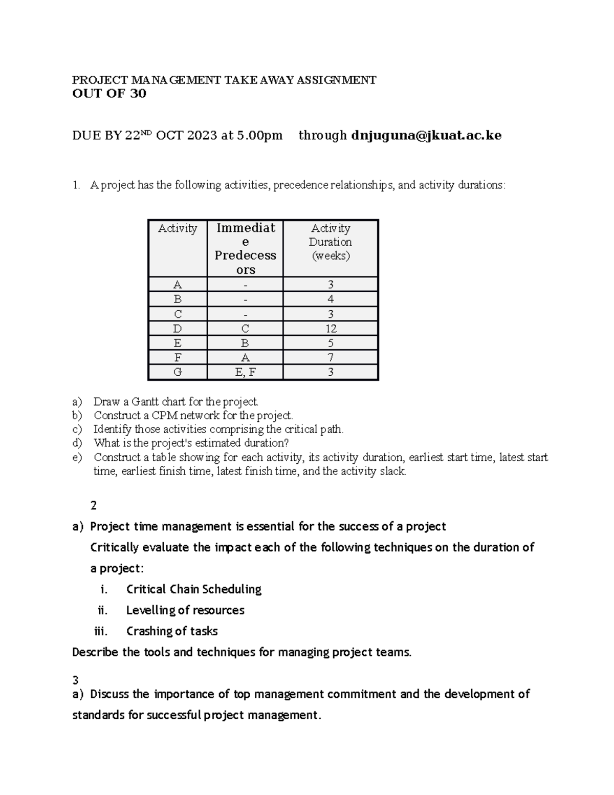 Project Management TAKE AWAY Assignment - PROJECT MANAGEMENT TAKE AWAY ...
