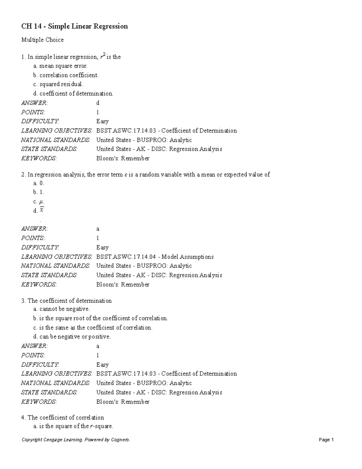 CH 14 Simple Linear Regression - Multiple Choice In simple linear regression, r 2 is the a. mean ...