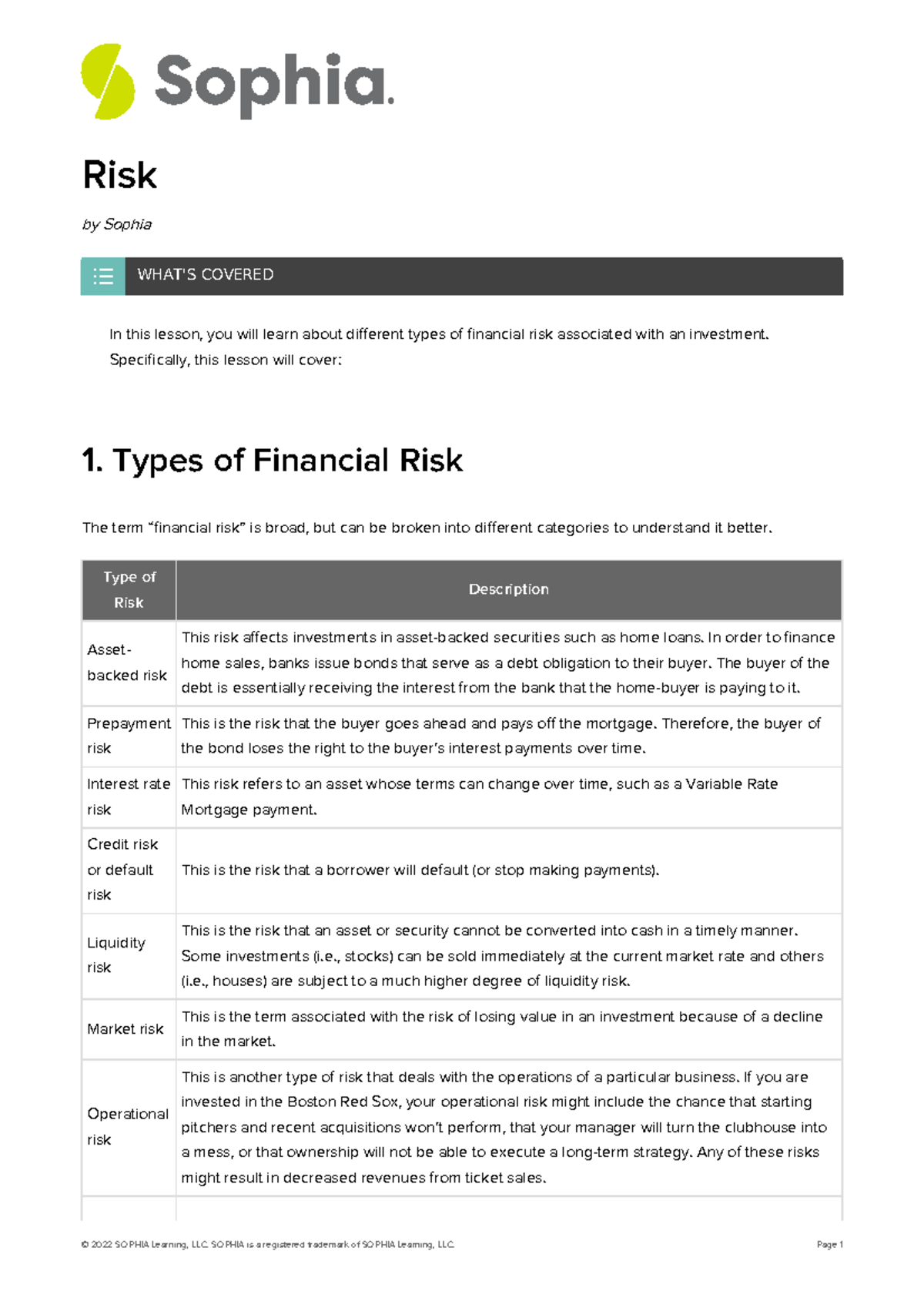 Risk - assignments Risk - Risk by Sophia In this lesson, you will learn ...