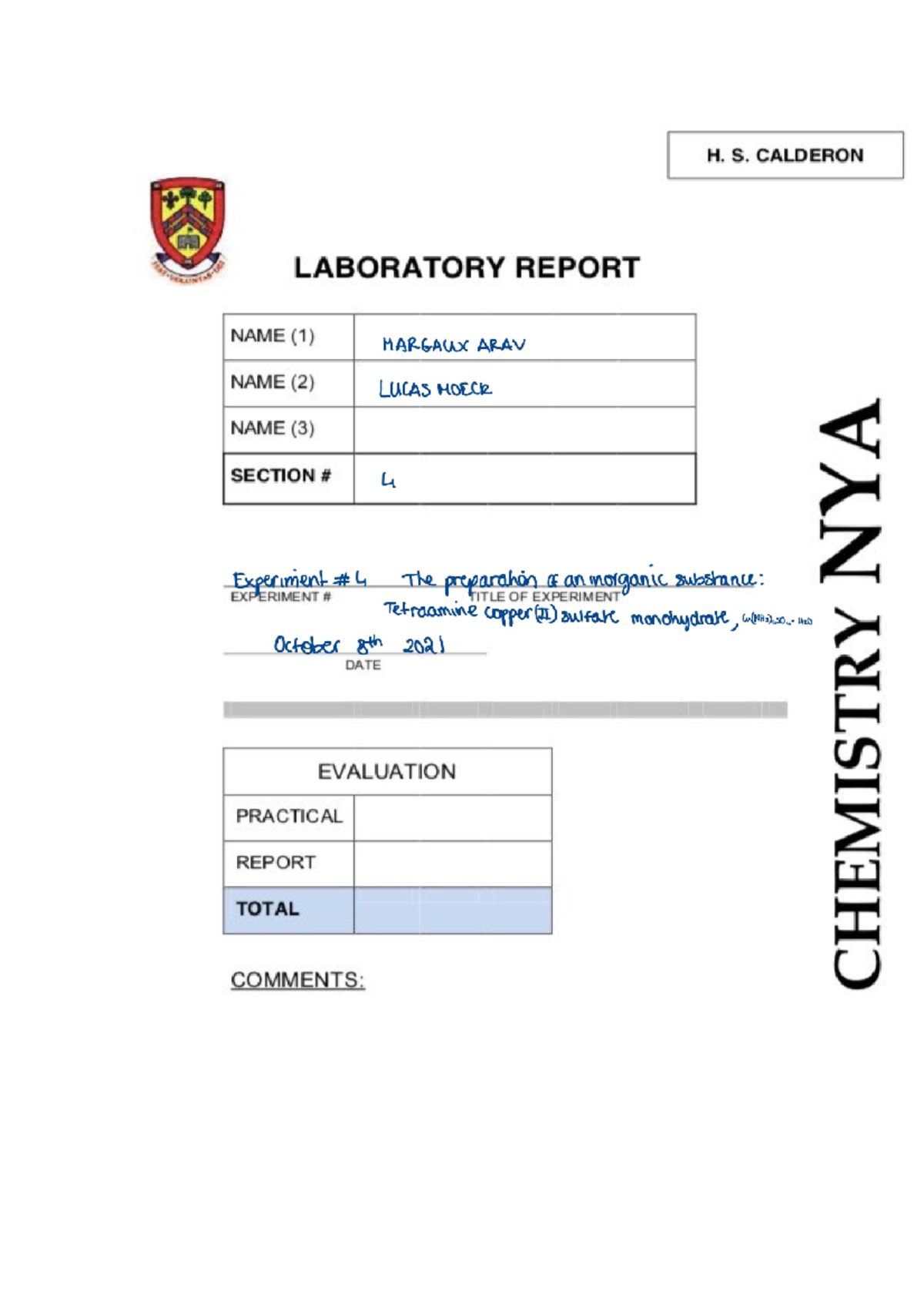 Chem Lab2 Exp - Laboratory report : The preparation of an inorganic ...